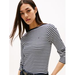 Tommy Hilfiger Damen Langarmshirt "SLIM 5X2 RIB BOAT-NK LS mit U-Boot Ausschnitt und Rippstruktur", blau, Gr. XL, gestreift, Single Jersey,