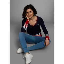 Kangaroos Damen V-Ausschnitt-Pullover, blau, Gr. 52, gestreift, Feinstrick, Obermaterial: 50% Baumwolle, 50% Polyacryl, Pullover, im tollen