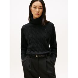 Tommy Hilfiger Damen Rollkragenpullover "SOFT WOOL CABLE ROLL-NK LS SWT", schwarz, Gr. XL, unifarben, Strick, Obermaterial: 100% Wolle, Pullover, mit