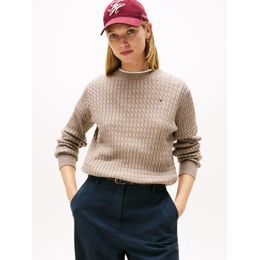 Tommy Hilfiger Damen Rundhalspullover "CO CABLE C-NK LS SWEATER", beige, Gr. XXL, unifarben, Strick, Obermaterial: 100% Baumwolle, Pullover,