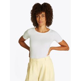 Tommy Hilfiger Damen Rundhalsshirt "SLIM 5X2 RIB O-NK SS", beige, Basic, Gr. S, unifarben, Feinstrick, Obermaterial: 95% Viskose, 5% Elasthan,