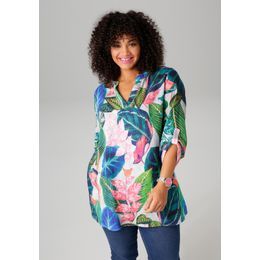 ANISTON PLUS Damen Longbluse, rosa, Gr. 44, Leinenoptik, bedruckt, Web, Obermaterial: 60% Baumwolle, 40% Viskose, Blusen, mit gro&szlig;fl&auml;chigen,