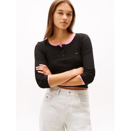 Tommy Jeans Damen Langarmshirt "TJW SLIM SH IRREGULAR RIB LS", schwarz, Gr. M, unifarben, Single Jersey, Obermaterial: 95% Baumwolle, 5% Elasthan,