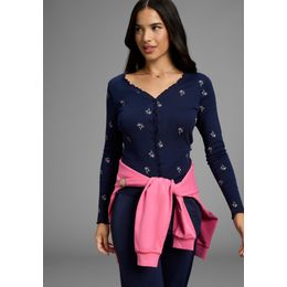 Kangaroos Damen Langarmshirt, blau, Gr. 48, Rippware, Obermaterial: 100% Baumwolle, Shirts, mit Blumendruck und Knopfleiste