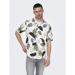 Only & Sons ONLY & SONS Herren Hawaiihemd "ONSWAYNE LIFE AOP SS VISCOSE SHIRT NOOS", wei&szlig;, Gr. L, gemustert, Web, Obermaterial: 100% Viskose, Hemden