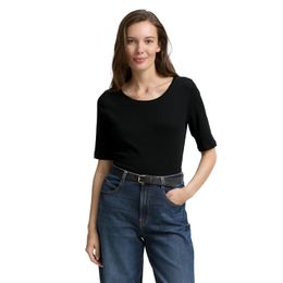 Tom Tailor Damen T-Shirt, schwarz, Gr. M, unifarben, Jersey, Obermaterial: 97% Baumwolle, 3% Elasthan, Shirts, mit gro&szlig;em Rundhalsausschnitt