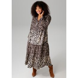ANISTON PLUS Damen Midikleid, schwarz, Gr. 42, animal-print, gemustert, Obermaterial: 100% Viskose, Kleider, im extravaganten Animal-Zebra-Printmix