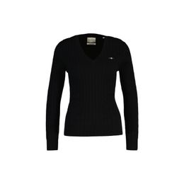 Gant Damen Sweater "Strickpullover STRETCH COTTON CABLE V-NECK", schwarz, Gr. L, Obermaterial: 88% Baumwolle CO. 10% Polyamid PA. 2% Elasthan EL.,