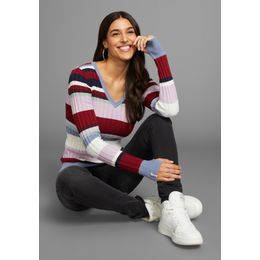 Kangaroos Damen V-Ausschnitt-Pullover, rot, Gr. 44, Feinstrick, Obermaterial: 50% Baumwolle, 50% Polyacryl, Pullover, mit modernen Streifen