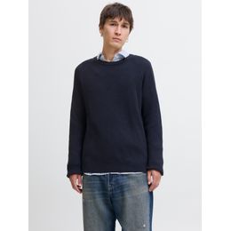 Jack & Jones JACK & JONES Herren Rundhalspullover "JJPANNEL KNIT CREW NECK AW25", blau, Gr. M, unifarben, Strick, Obermaterial: 58% Polyacryl, 42% Baumwolle,