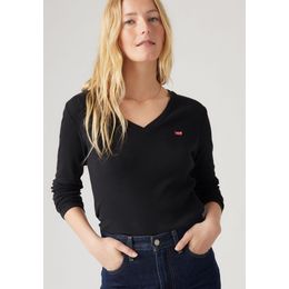 Levi's LEVI'S Damen Langarmshirt "ESSENTIAL HM LS VNECK", schwarz, Gr. M, unifarben, Single Jersey, Obermaterial: 100% Baumwolle, Shirts, mit Logo Stickerei