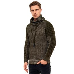 Rusty Neal Herren Strickpullover, gr&uuml;n, Gr. L, unifarben, 70% Polyacryl, 30% Baumwolle, Pullover, mit hochabschlie&szlig;endem Kragen