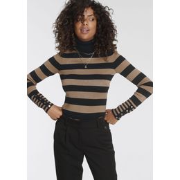 Tamaris Damen Rollkragenpullover, braun, Gr. 42, Feinstrick, Obermaterial: 70% Viskose, 30% Polyamid, Pullover, im l&auml;ssigen Streifendesign