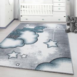 Kinderteppich, B:120cm H:12mm L:170cm, blau, Ayyildiz Teppiche, Kunstfaser, Teppiche, "Kids 580", auch in rund, Teddyb&auml;r, Sterne Design, Kurzflor