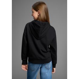 Kidsworld M&auml;dchen Kapuzensweatjacke "L&auml;ssige Sweatjacke mit kleinem Herz-Stickerei am &Auml;rmel", schwarz, Gr. 140, bestickt, angeraute Sweatware,