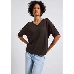 T-Shirt Street One, Damen, Gr. 36, braun (deep roast braun), Stoff, 84% Viskose, 16% Polyester, unifarben, normal normal, V-Ausschnitt, abgesteppt, Shirts T-Shirt, aus softer Viskose