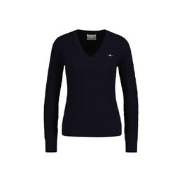 Gant Damen Sweater "Strickpullover STRETCH COTTON CABLE V-NECK", blau, Gr. S, Obermaterial: 88% Baumwolle CO. 10% Polyamid PA. 2% Elasthan EL.,
