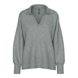 Pieces Damen V-Ausschnitt-Pullover "PCMALOU LS POLO KNIT NOOS BC", grau, Gr. XS, unifarben, Strick, Obermaterial: 65% Polyester, 17% Polyacryl, 10%