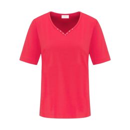 GOLDNER Damen Langarm-Poloshirt "Kurzgröße T-Shirt mit charmantem Ausschnitt und Schmucksteinchen", rot, Gr. 19, Obermaterial: 95% Baumwolle CO. 5%