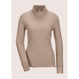Madeleine Mode MADELEINE Damen Langarmshirt "Rollkragenshirt Elegantes Basicshirt mit Spitze, Rollkragen"berber, Gr. 46, Obermaterial: 74% Wolle mw. 10% Polyester
