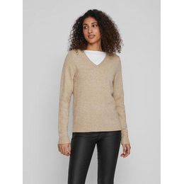Vila Damen V-Ausschnitt-Pullover "VIRIL V-NECK L/S KNIT TOP - NOOS", beige, Gr. XL, meliert, unifarben, Feinstrick, Obermaterial: 50% Viskose, 27%