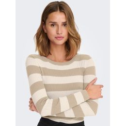Jacqueline de Yong JDY Damen Rundhalspullover "JDYPLUM L/S O-NECK PULLOVER KNT NOOS", beige, Gr. S, geringelt, gestreift, Strick, Obermaterial: 80% Viskose, 20% Nylon,