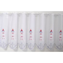Scheibengardine, B:95cm H:40cm, bunt, Stickereien Plauen, Voile, Polyester, K&uuml;che, Gardinen, "Leuchtturm", mit echter Plauener Spitze Stickerei