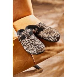 ANISTON SHOES Damen Clog, Gr. 37, beige, Filz, Animal-Print, Schuhe, Clog, Hausschuh, Homeslipper, verstellbare Schnalle - NEUE KOLLEKTION