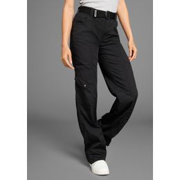 Kangaroos Damen Cargohose, schwarz, Gr. 42, kontrastfarbene Details, unifarben, Web, Obermaterial: 50% Baumwolle, 46% Polyamid, 4% Elasthan, Hosen,