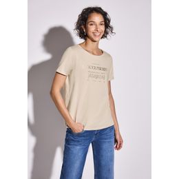 Street One Damen T-Shirt, beige, Gr. 38, bedruckt, Web, 95% Baumwolle, 5% Elasthan, Shirts, aus Baumwolle mit Stretchante