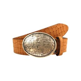Damen Lederg&uuml;rtel, braun, Gr. 85, RETTUNGSRING G&Uuml;RTEL, gepr&auml;gtes Muster, unifarben, Leder, G&uuml;rtel, mit austauschbarer Schlie&szlig;e &raquo;Oval Gewebt Silber&laquo;