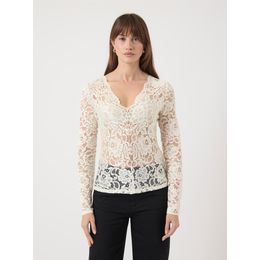 Y.A.S Damen Spitzenshirt "YASLACEY LS V-NECK LACE TOP S. NOOS", weiß, Gr. XS, unifarben, Jersey, Obermaterial: 95% Nylon, 5% Elasthan, Shirts