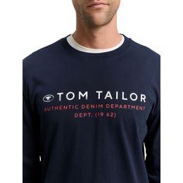 Tom Tailor Herren Langarmshirt, blau, Gr. M, bedruckt, Single Jersey, Obermaterial: 100% Baumwolle, Shirts, mit Logo Print
