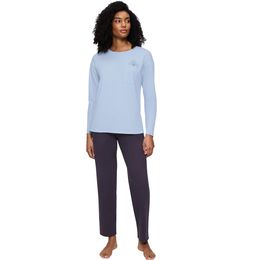 Triumph Damen Schlafanzug, Gr. 44, blau, Single Jersey, Obermaterial: 100% Baumwolle, bestickt, unifarben, Homewear-Sets, Blumenstickerei,