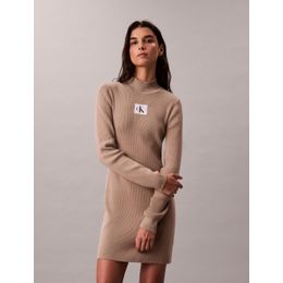 Damen Strickkleid "LS T NECK MINI DRESS", beige, Gr. XL, Calvin Klein Jeans, unifarben, Strick, Obermaterial: 100% Baumwolle, Kleider, Mit