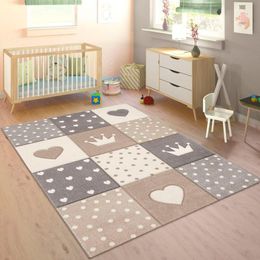 Paco Home Kinderteppich »Cosmo 339« rechteckig 16 mm Höhe Kurzflor, Pastell-Farben, 3D-Effekt, Motiv Herz, Punkte & Krone beige Obermaterial: 100%...