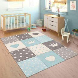 Paco Home Kinderteppich &raquo;Cosmo 339&laquo; rechteckig 16 mm H&ouml;he Kurzflor, Pastell-Farben, 3D-Effekt, Motiv Herz, Punkte & Krone blau Obermaterial: 100%...