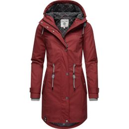 Regenjacke PEAK TIME "L60042", Damen, Gr. 5XL (50), rot (weinrot), Obermaterial: 100% Polyurethan, Futter 1: 100% Polyester, Futter 2: 60% Baumwolle, 40% Polyester, Wattierung: 100% Polyester, tailliert ca. Mitte Oberschenkel, Ärmel ohne Ärmelschlitz normaler Saum, Jacken, stylisch taillierter Regenmantel für Damen