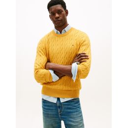 Strickpullover Tommy Hilfiger "CLASSIC CABLE CREW NECK mit Strukturstrick und Flaglabel", Herren, Gr. L, morning side gelb heather, Obermaterial: 100% Baumwolle, Rundhals, Bündchen, Pullover