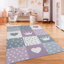 Paco Home Kinderteppich &raquo;Eliz 391&laquo; rechteckig 12 mm H&ouml;he Kurzflor, Spielteppich, Patchwork-Muster, Motiv Krone, Herz & Punkte Lila Obermaterial:...
