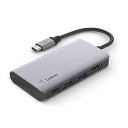 Belkin USB-Verteiler »USB-C 4-in-1 Multiport Adapter« Grau Geeignet für USB-C-Laptops und -Tablets, kompatibel mit Thunderbolt 3-Ports