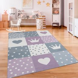 Paco Home Kinderteppich &raquo;Eliz 391&laquo; rechteckig 12 mm H&ouml;he Kurzflor, Spielteppich, Patchwork-Muster, Motiv Krone, Herz & Punkte Lila Obermaterial:...