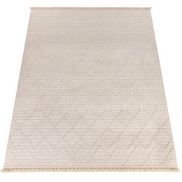 Paco Home Teppich &raquo;Buckman 467&laquo; rechteckig 11 mm H&ouml;he Kurzflor, Uni Farben, Hoch-Tief Effekt, Rauten, mit Fransen beige Polyester