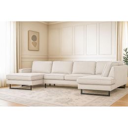 Home Affaire Wohnlandschaft &raquo;Pinto, 350 cm, U-Form, XXL, mit Ottomanen&laquo; Cord, Chenille, Lederoptik, mit Keder, Metallf&uuml;&szlig;e, Wellenunterfederung beige 