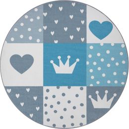 Paco Home Kinderteppich &raquo;Eliz 391&laquo; rund 12 mm H&ouml;he Kurzflor, Spielteppich, Patchwork-Muster, Motiv Krone, Herz & Punkte Blau Obermaterial: 100%...
