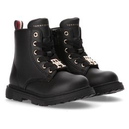 Tommy Hilfiger Schn&uuml;rboots Winterstiefel, Schn&uuml;rstiefel, Boots mit goldfarbenem Logo-Emblem schwarz 30 30 Modischer Schn&uuml;rboots mit gestreifter...