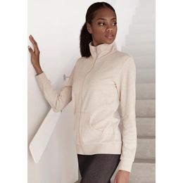 BENCH. LOUNGEWEAR Sweatjacke mit gl&auml;nzender Logostickerei am Stehkragen, Loungewear beige meliert 36/38 36/38 Sweatjacke mit Stehkragen