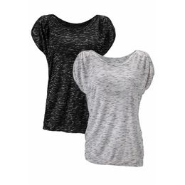 Lascana Damen Lascana Kurzarmshirt &raquo;mit Schulterraffung&laquo; 2er-Pack, aus weicher Viskose-Qualit&auml;t schwarz-wei&szlig; 36/38