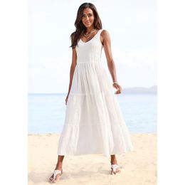 Beach Time BEACHTIME Maxikleid aus gewebter Baumwolle, Sommerkleid mit gestuftem Rock white 46 - N-Gr N-Gr 46 Gesmoktes Oberteil mit V-Ausschnitt