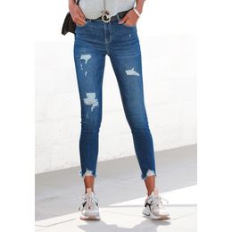 Buffalo Damen Destroyed-Jeans mit ausgefranstem Beinabschluss und Stretchanteil, schmale Passform blau 38, N-Gr